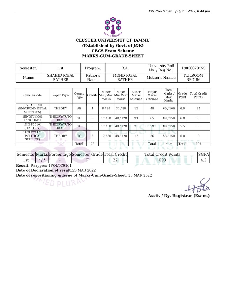 Cluster University of Jammu (Established by Govt. of J&K) CBCS Exam ...
