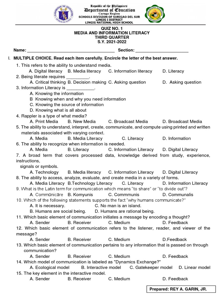 3rd Quarter Quiz 1 MIL | PDF | Information | Communication