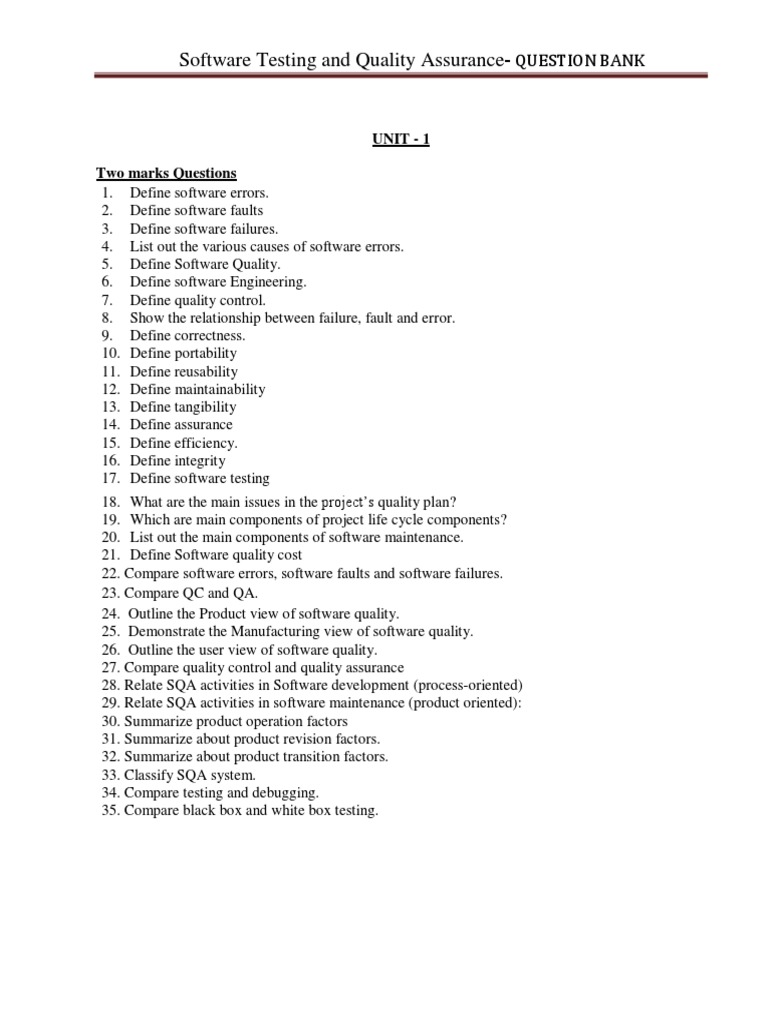 Software Testing & QA Question Bank | PDF | Software Quality | Quality ...