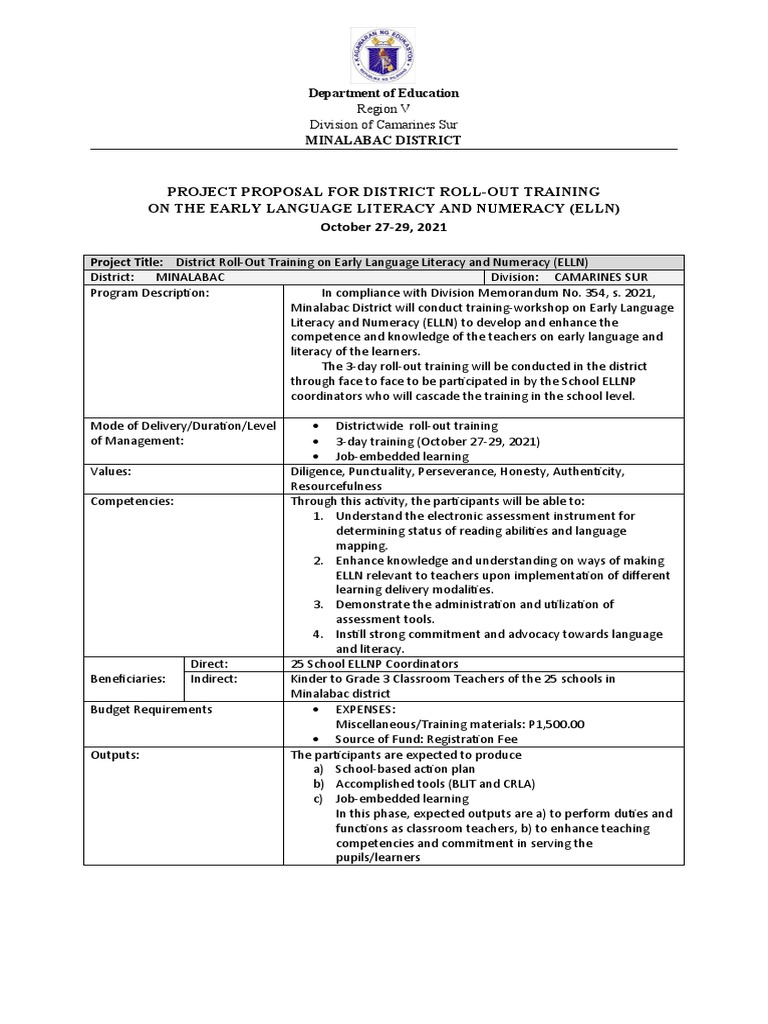 Project Proposal For District Roll-Out Training On The Early Language ...