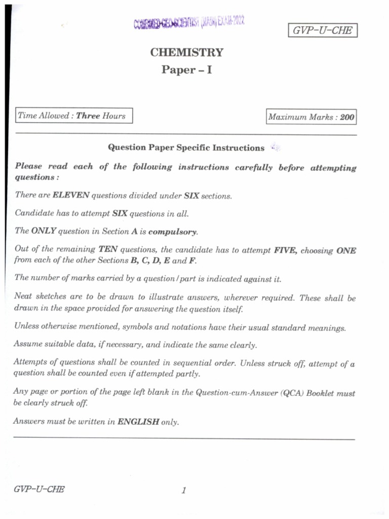 Chemistry Paper 1 - Combined Geo-Scientist (Main) Examination, 2022 | PDF