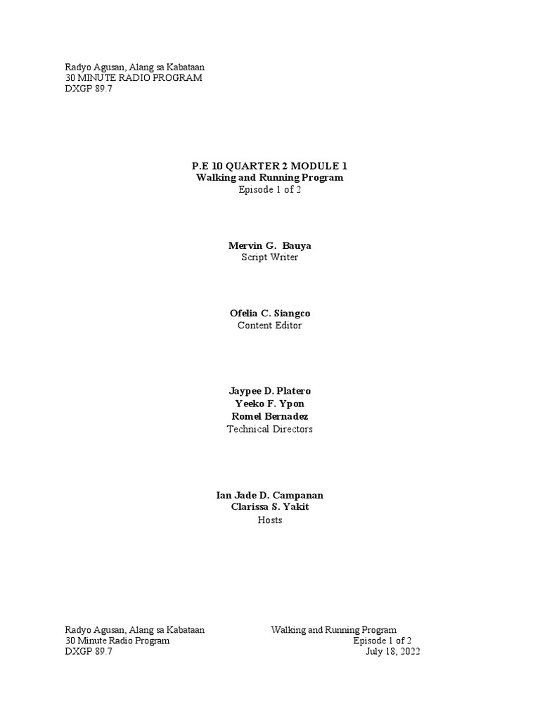 P.E 10 Quarter 2 Module 1 Walking and Running Program: Episode 1 of 2 ...