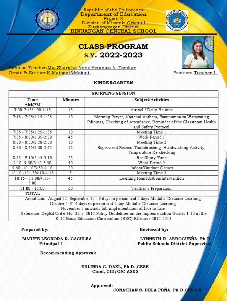 Class Program - 2022-2023: Department of Education Binuangan Central School | PDF | Teachers ...