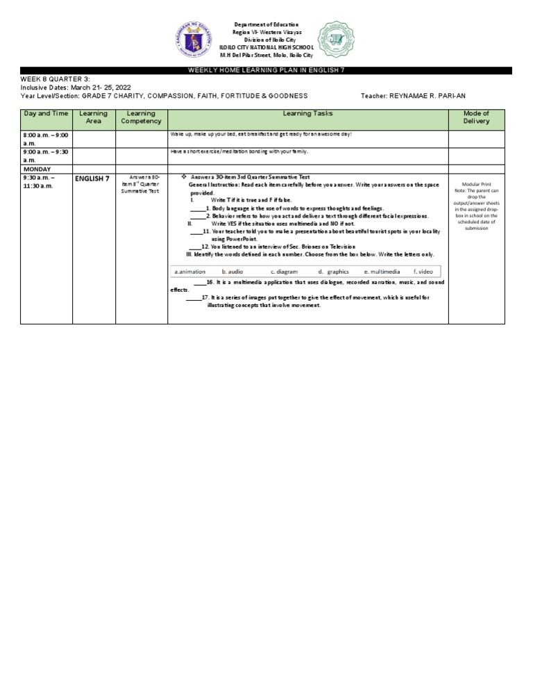 Q3-WEEKLY-HOME-LEARNING-PLAN-March-21-25 | PDF | Cognition | Cognitive Science