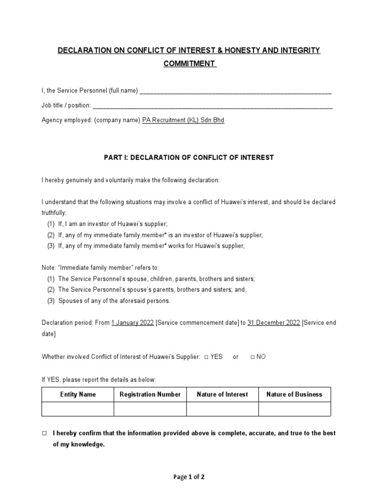 Declaration On Conflict of Interest HIA Commitment For Service ...