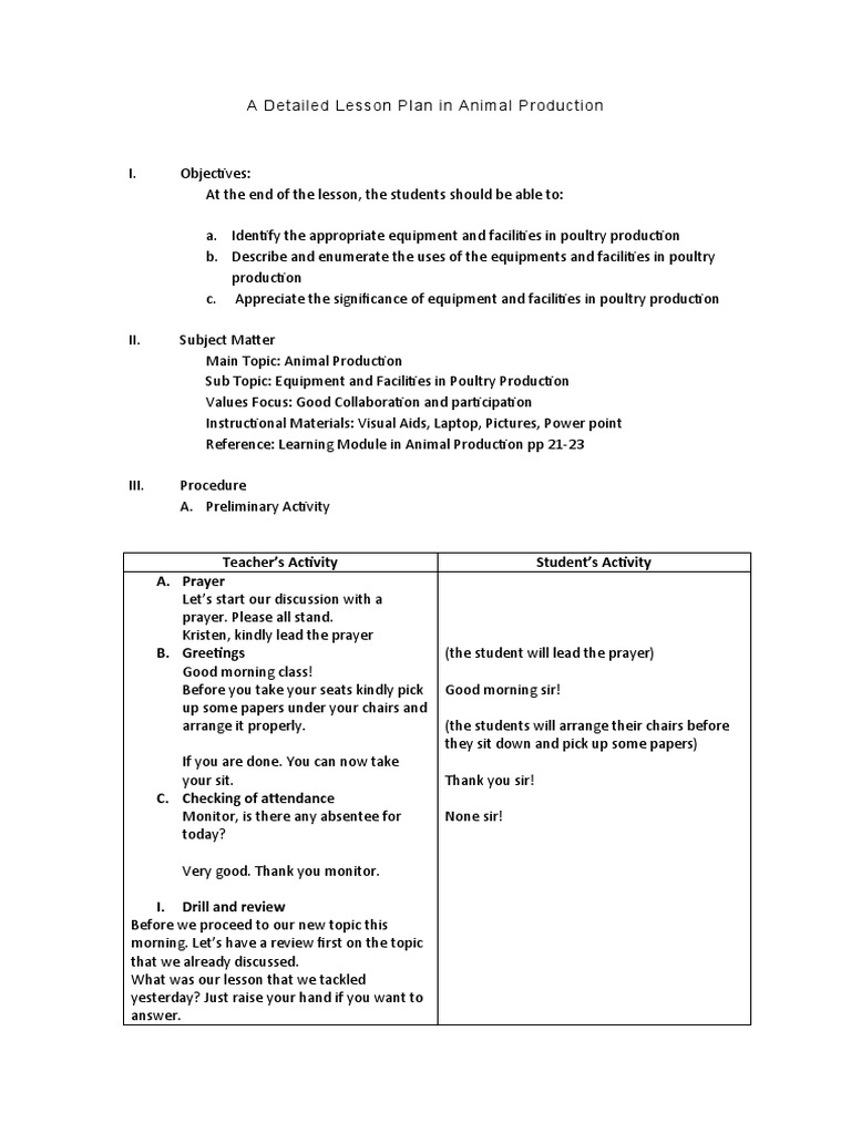 Teacher's Activity Student's Activity A. Prayer | PDF | Poultry | Chicken