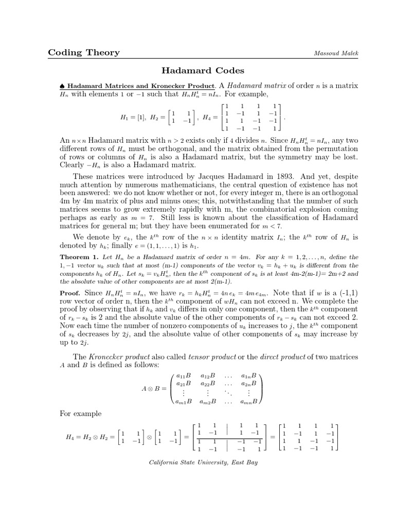 Coding Theory Hadamard Codes: N N T N N | PDF | Matrix (Mathematics) | Mathematics