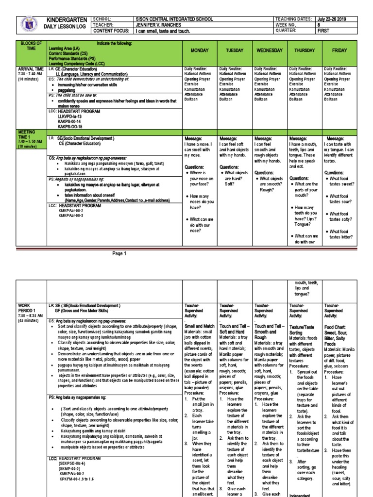 KINDER-DLL Week 8 Headstart | PDF | Taste | Cognitive Science