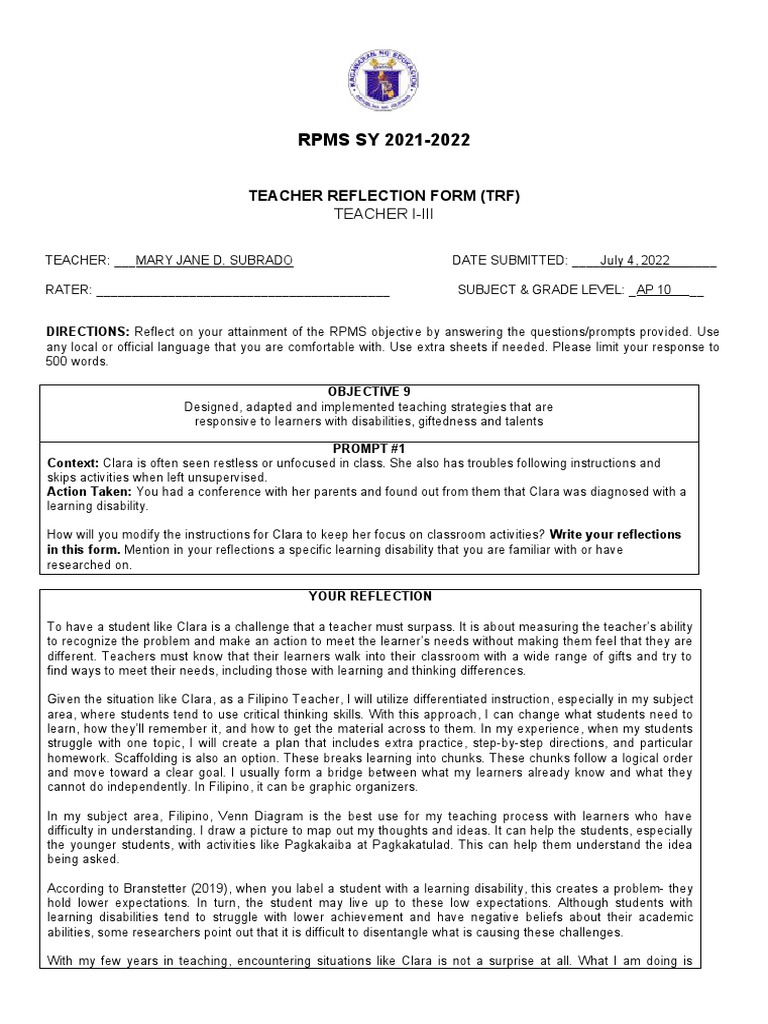 RPMS SY 2021-2022: Teacher Reflection Form (TRF) | PDF | Intellectual Giftedness | Learning ...
