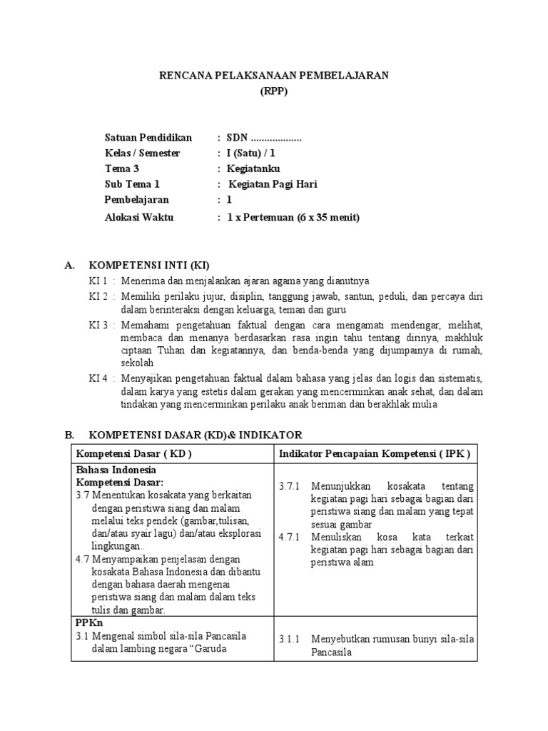 RPP Kelas 1 Tema 3 | PDF