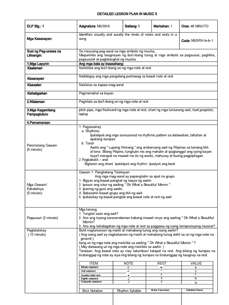 DETAILED LESSON PLAN IN Music 5 - 1 | PDF
