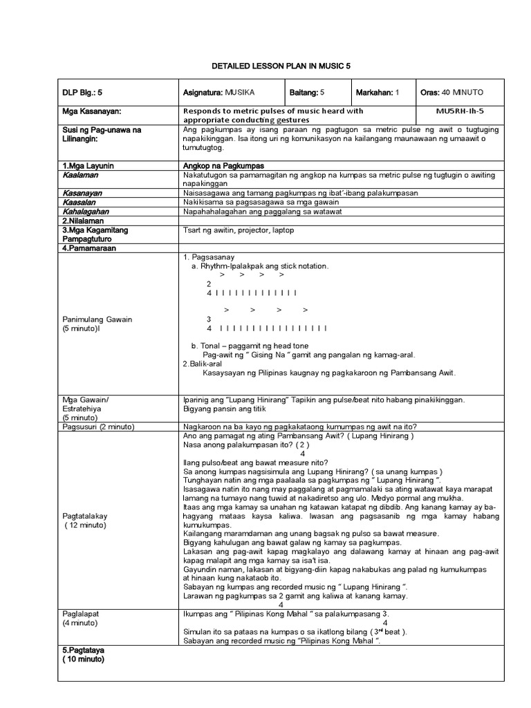 Detailed Lesson Plan in Music 5 - 5 | PDF