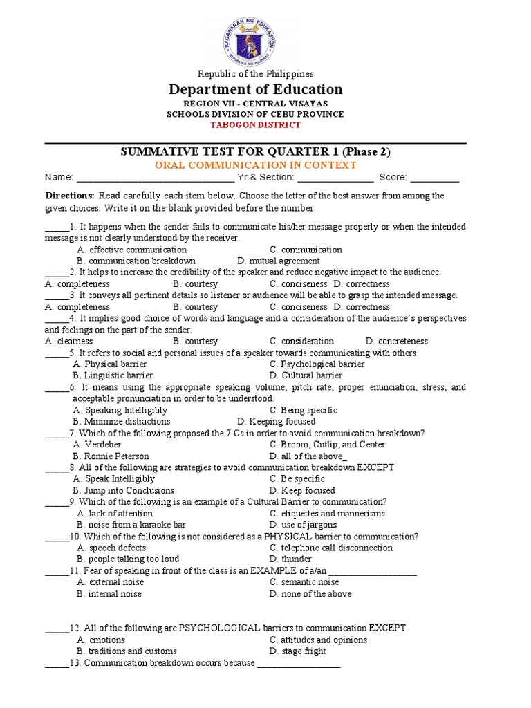 Oral Communication Quarter 1 Summative Test | PDF | Communication | Speech