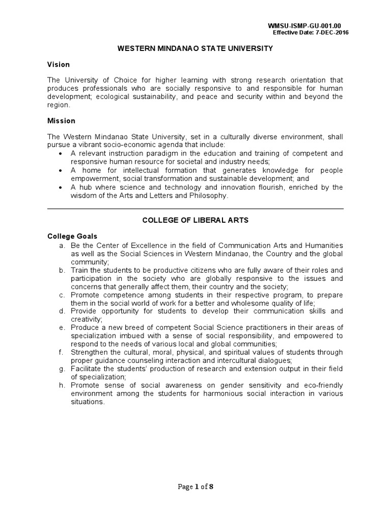 Western Mindanao State University Vision: WMSU-ISMP-GU-001.00 | PDF | Language Acquisition ...