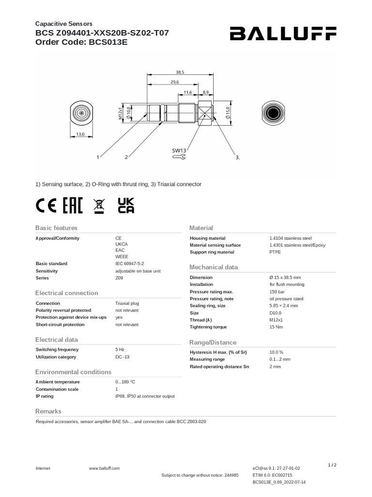 BCS Z094401-XXS20B-SZ02-T07 Order Code: BCS013E: Capacitive Sensors ...