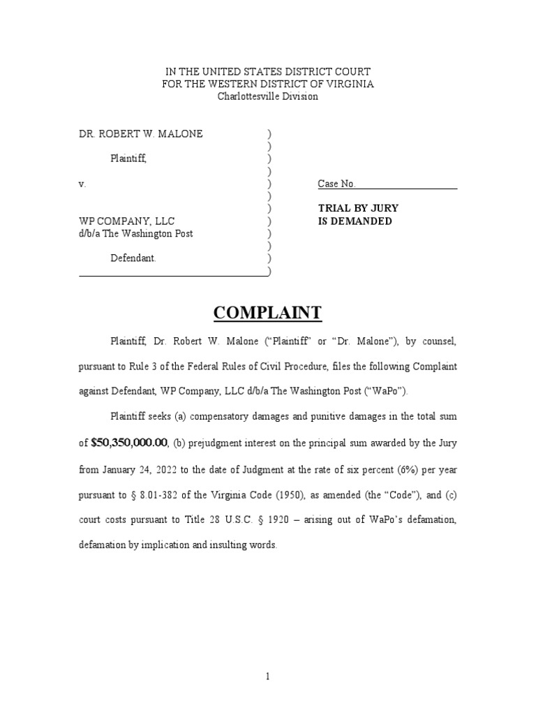 Dr. Robert Malone Defamation Case | PDF