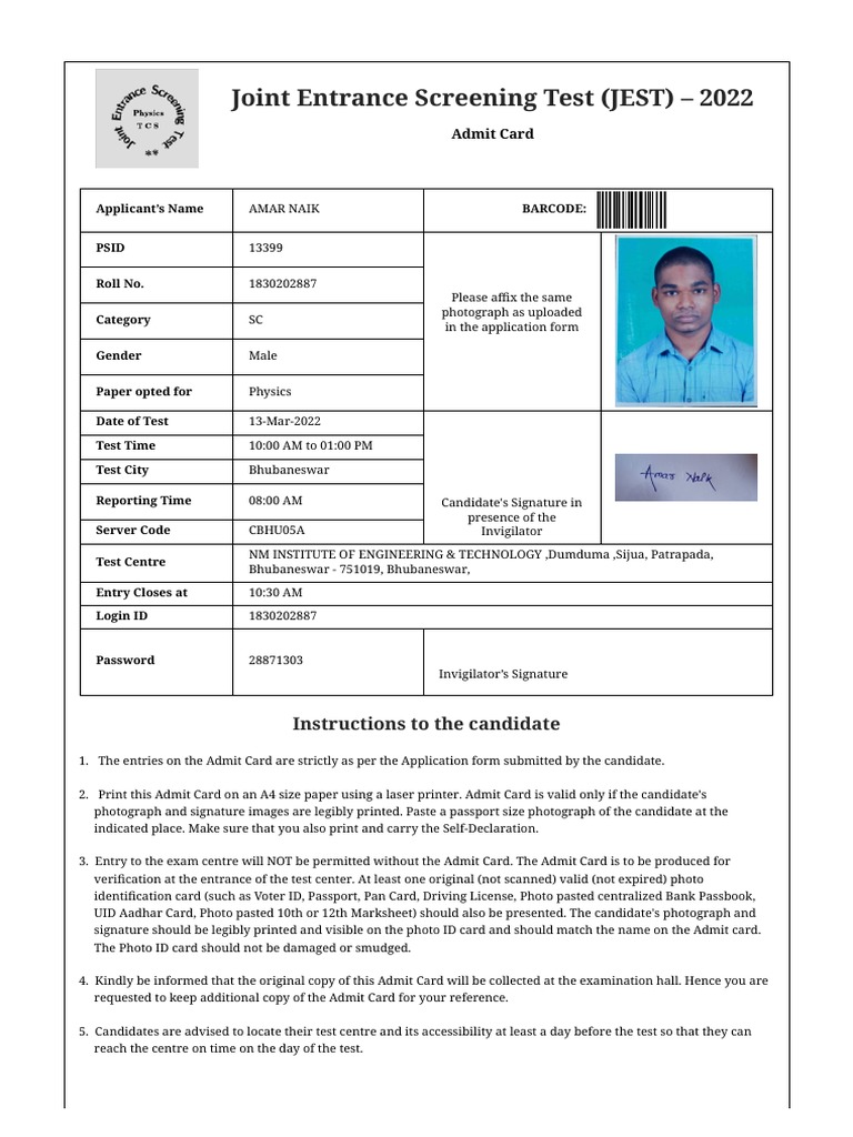 Joint Entrance Screening Test (JEST) - 2022: Instructions To The ...