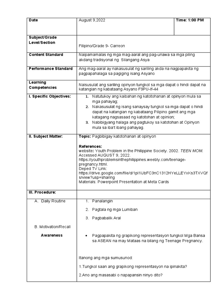 Lesson Plan-Filipino 9-Week 6 | PDF