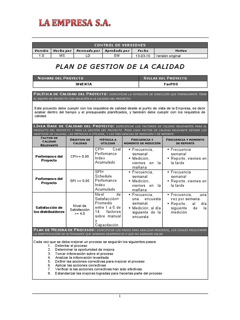 Plan de Calidad Ejemplo | PDF | Gestión de proyectos | Gestión de la ...
