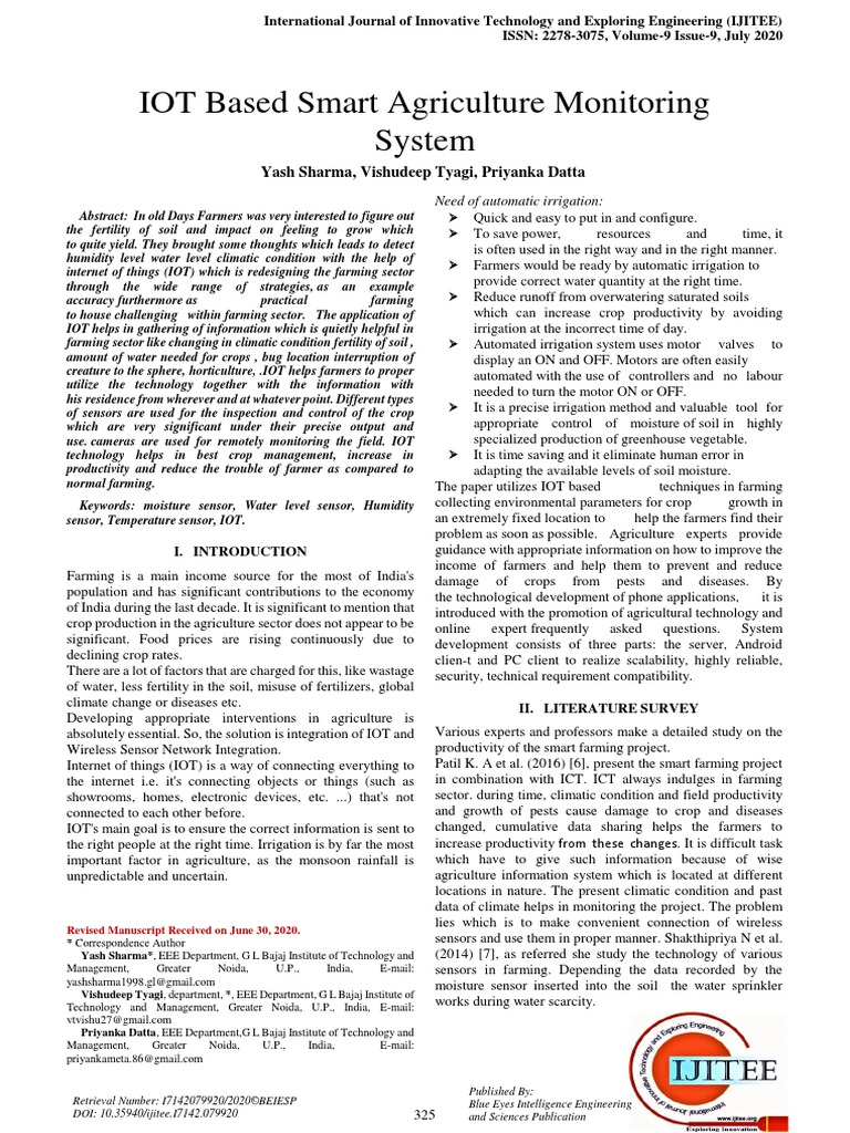 IOT Based Smart Agriculture Monitoring System: Yash Sharma, Vishudeep ...