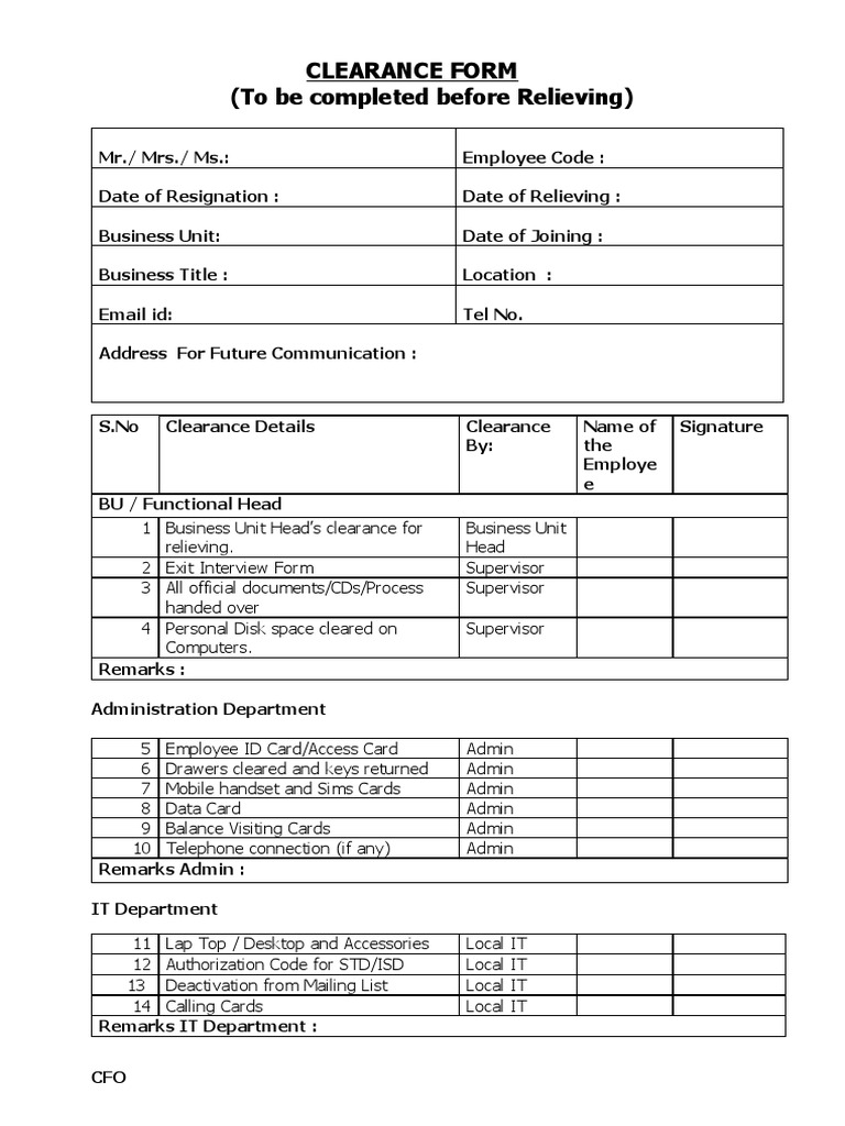 Clearance Form (To Be Completed Before Relieving) | PDF | Computer ...
