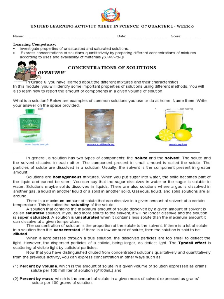 Concentrations of Solutions: Unified Learning Activity Sheet in Science G7 Quarter 1 - Week 6 ...