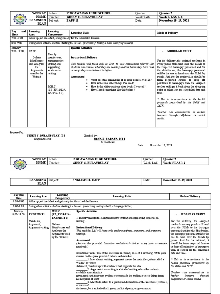 EAPP 11 Weekly Learning Plan Q2 | PDF | Learning | Experiment