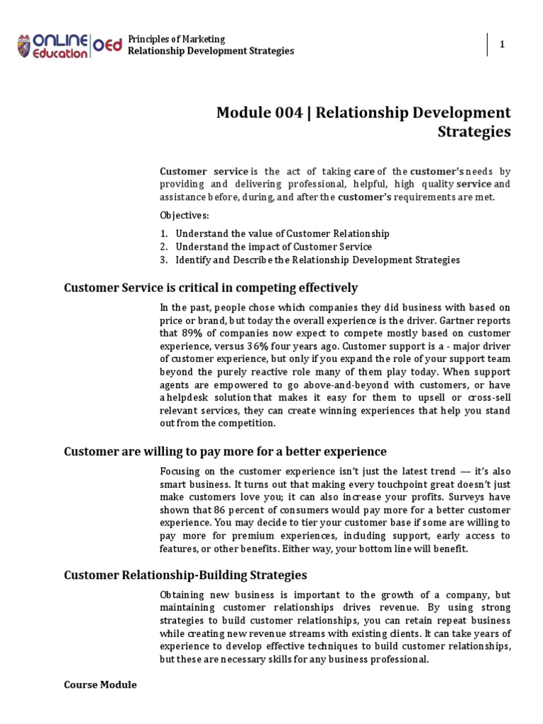 Module 004 - Relationship Development Strategies: Customer Service Is Critical in Competing ...