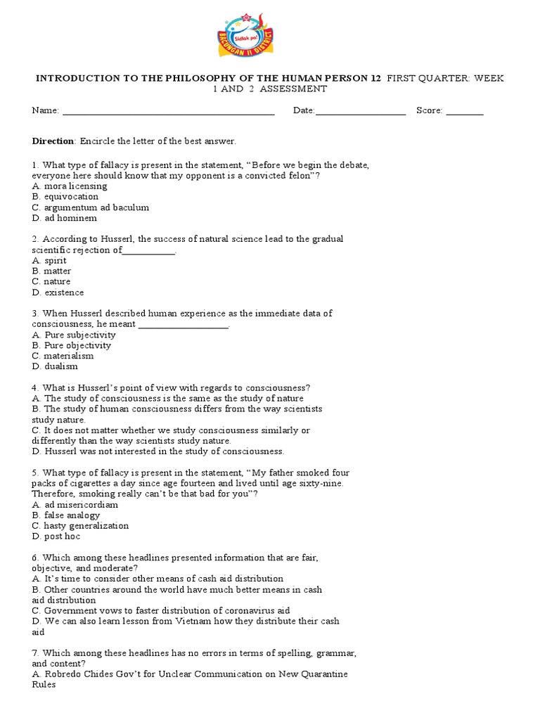 Introduction To The Philosophy of The Human Person 12 First Quarter: Week | PDF | Consciousness ...