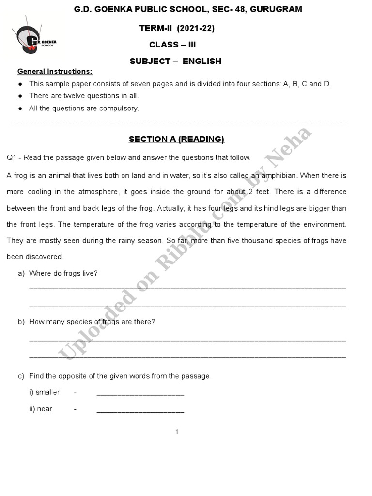 Cbse Class 3 English Sample Paper Term 2 GD Goenka | PDF | Linguistics