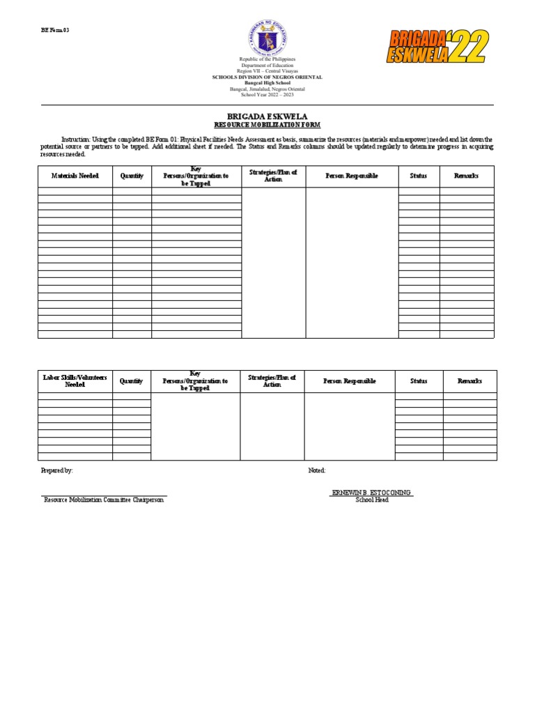 Brigada Eskwela: BE Form 03 | PDF