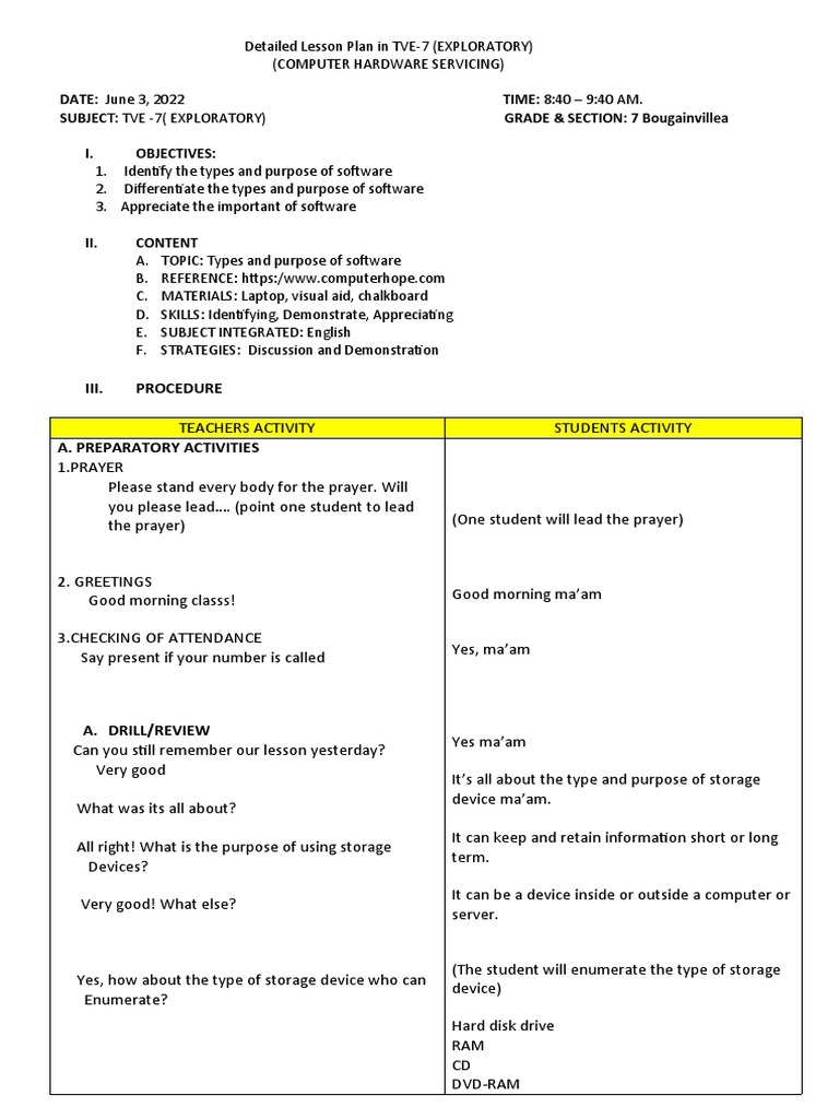 Detailed Lesson Plan in Tve 7 Exploratory (Computer Hardware Servicing ...