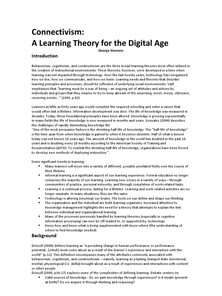 Connectivism - A Learning Theory | PDF | Constructivism (Philosophy Of Education) | Neuropsychology