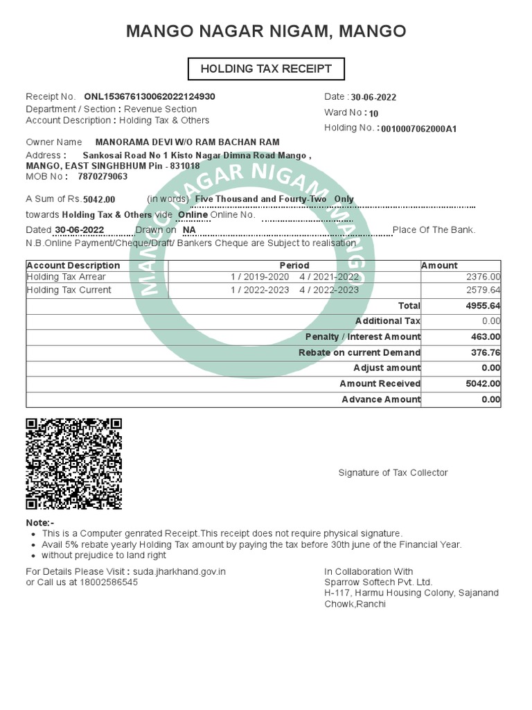 Mango Nagar Nigam, Mango: Holding Tax Receipt | PDF | Cheque | Tax Refund