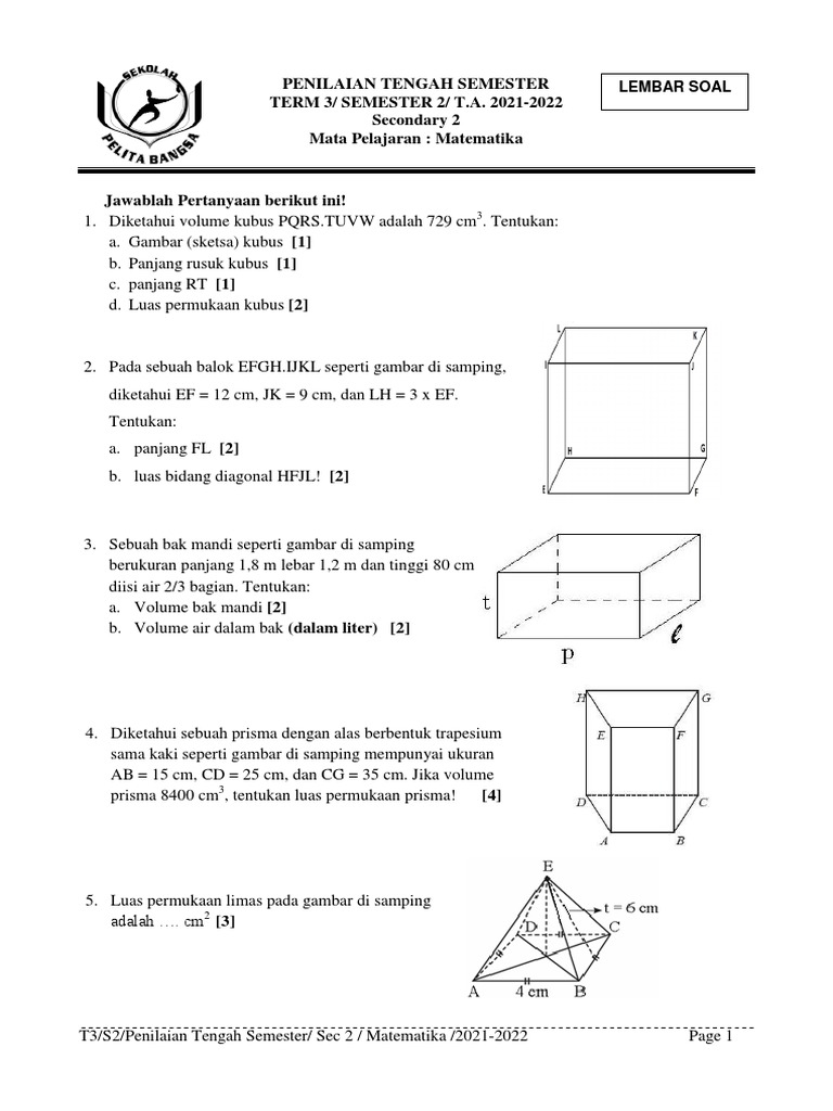 PTS Sem 2 Sec 2 Math Indo (2022) - Kubus, Balok, Prisma, Limas | PDF
