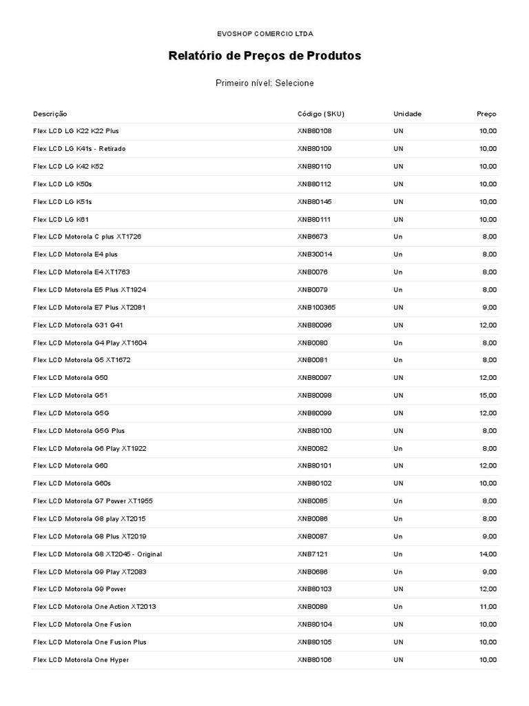 Relatório de Preços de Produtos: Primeiro Nível: Selecione | PDF ...