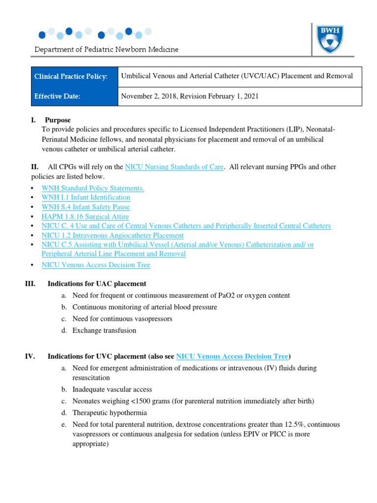 UVC/UAC Placement and Removal Policy | PDF | Neonatal Intensive Care ...