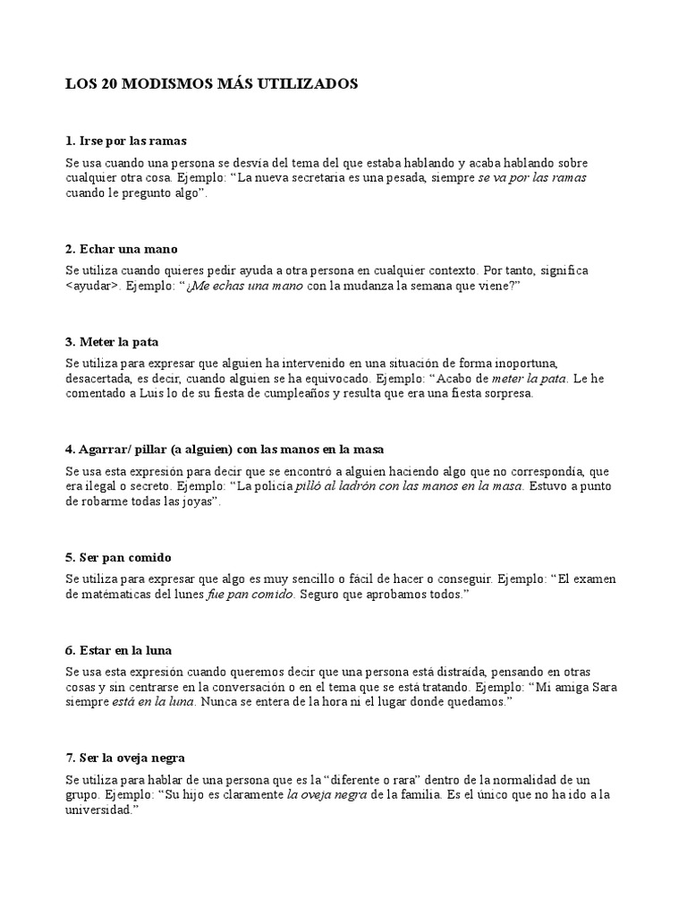 20 Modismos Usados en Espanol | PDF | Artes del Lenguaje y Comunicación ...