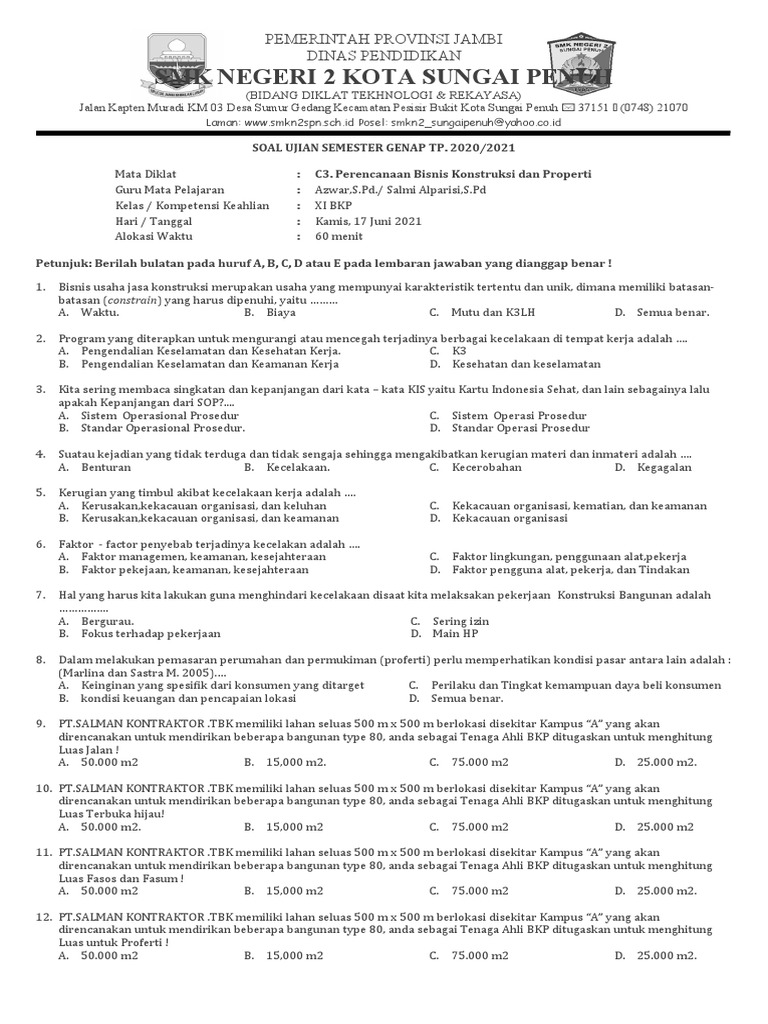 Soal Kelas Xi BKP - Perencanaan BKP - Ofline | PDF