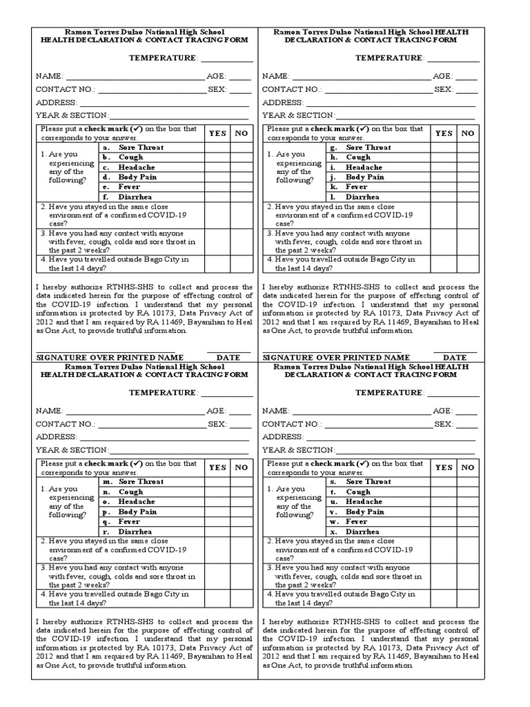 Health Declaration Form 1 | PDF | Common Cold | Epidemiology