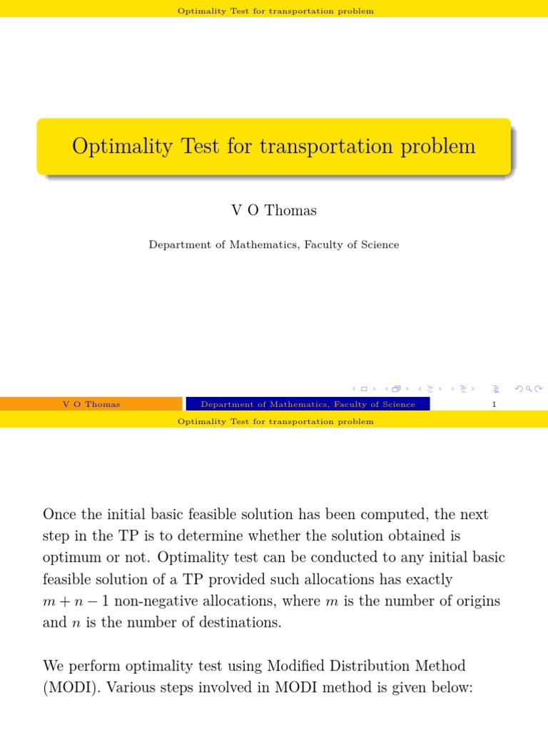 Optimality Test For Transportation Problem V O Thomas Download Free Pdf Mathematical