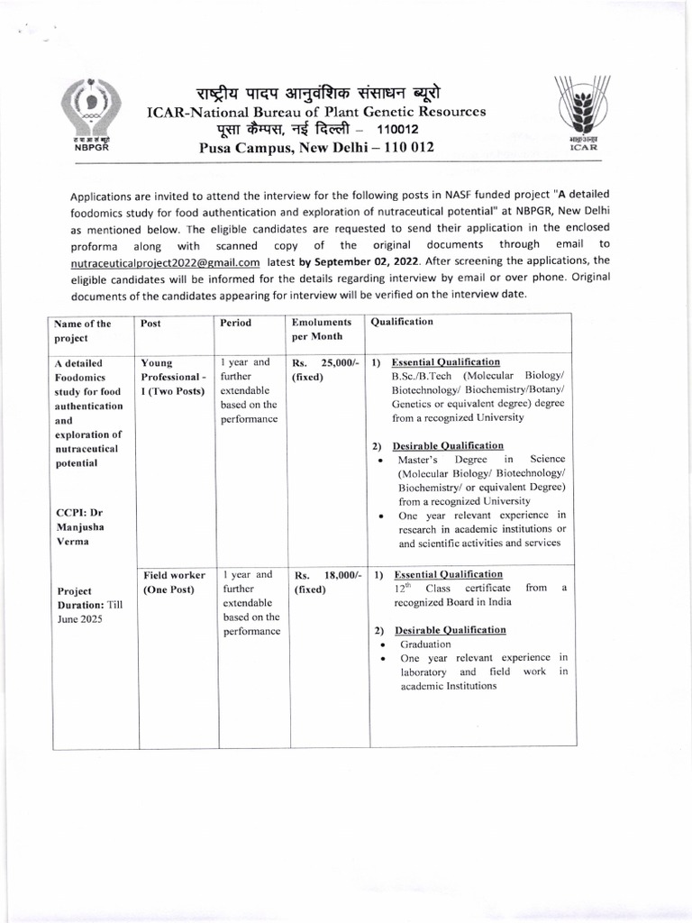ICAR-NBPGR foodomics project interview details | PDF