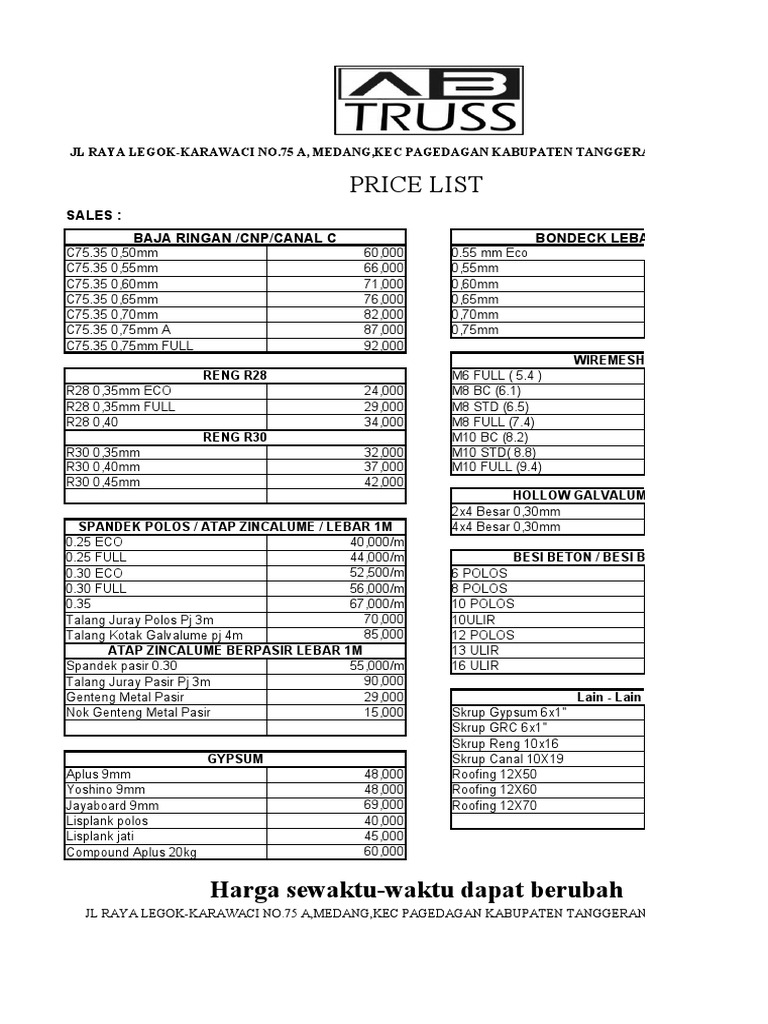 Price List: Harga Sewaktu-Waktu Dapat Berubah | PDF