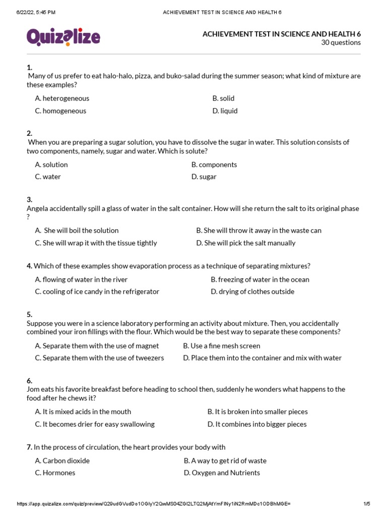 Science and Health 6 Achievement Test | PDF | Human Body | Nervous System