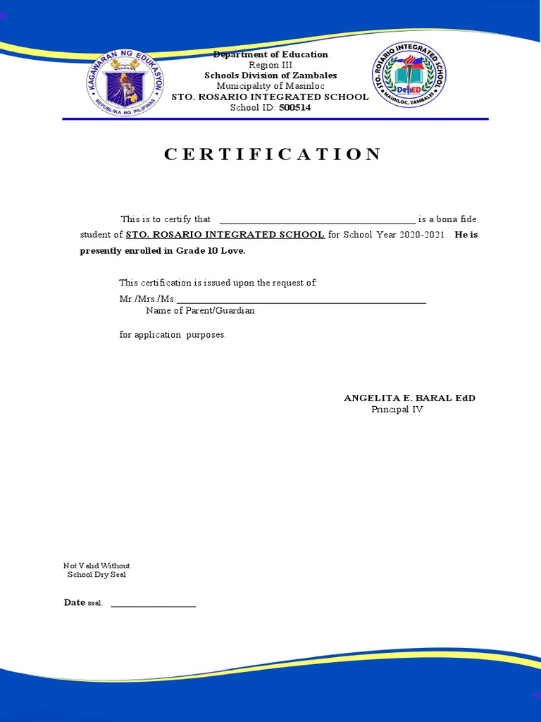 Certification: Department of Education Schools Division of Zambales Sto ...