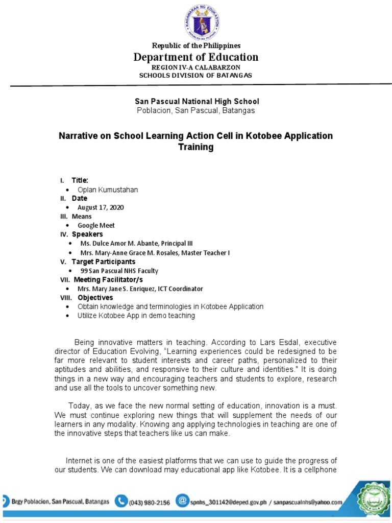 Department of Education: Narrative On School Learning Action Cell in ...