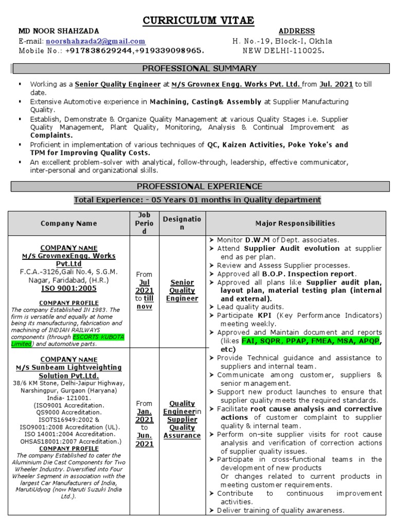 Curriculum Vitae: Professional Summary | PDF | Iso 9000 | Quality ...