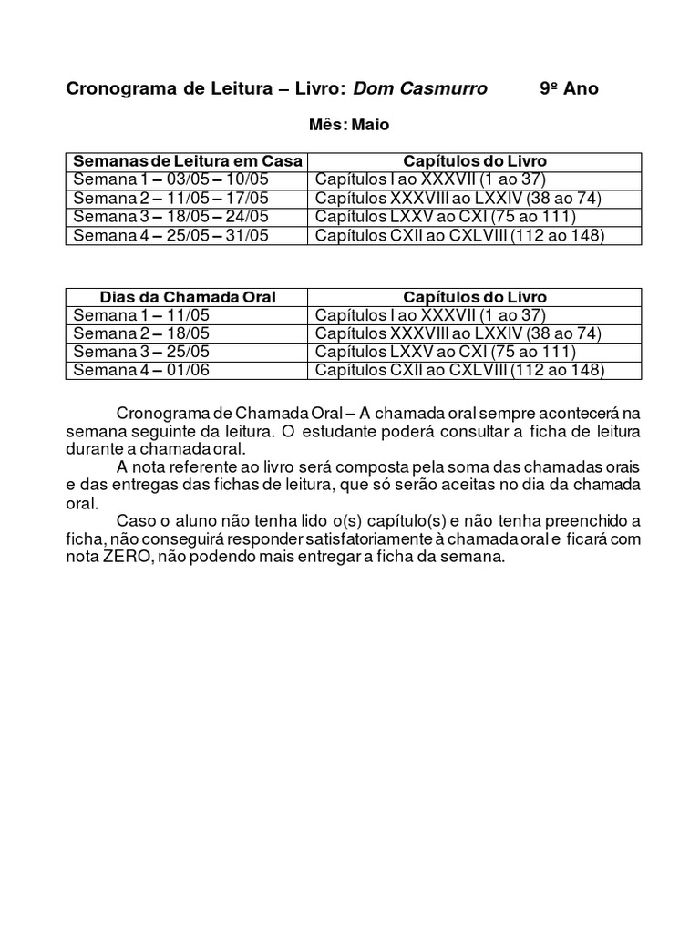 Cronograma de Leitura - Dom Casmurro | PDF