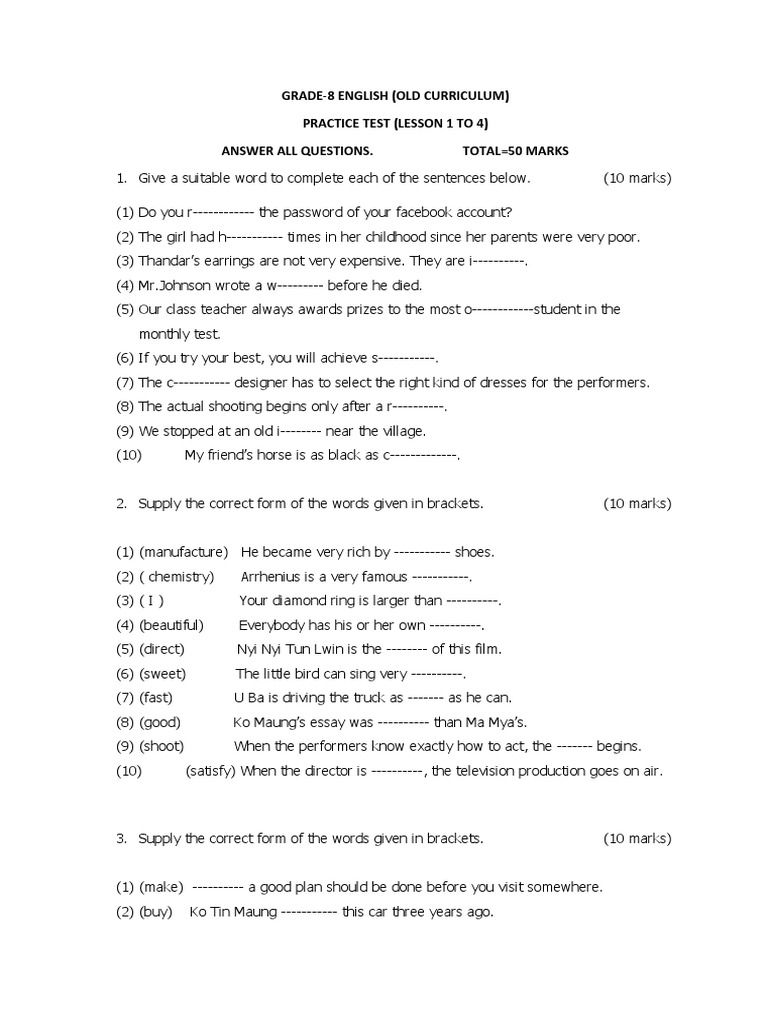 Grade-8 English (Old Curriculum) Practice Test (Lesson 1 To 4) Answer ...