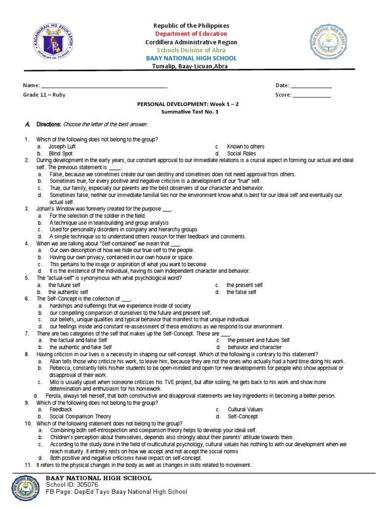 Personal Development: Week 1 - 2 Summative Test No. 1: Baay National ...